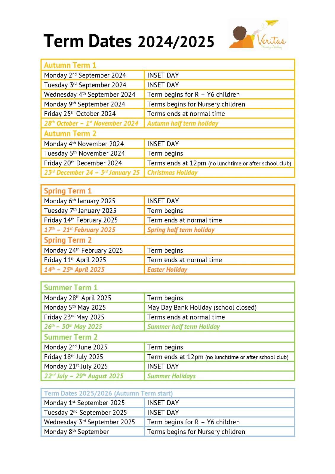 Veritas Primary Academy - Term Dates